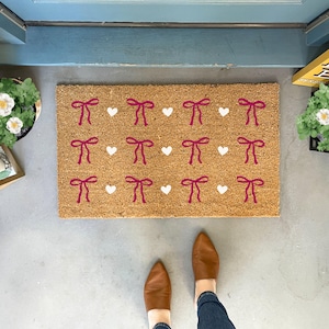 Pink Bow Doormat Outdoor, Cute Door Mat, Heart Doormat, Birthday Gift for Her, Cottagecore Decor ...