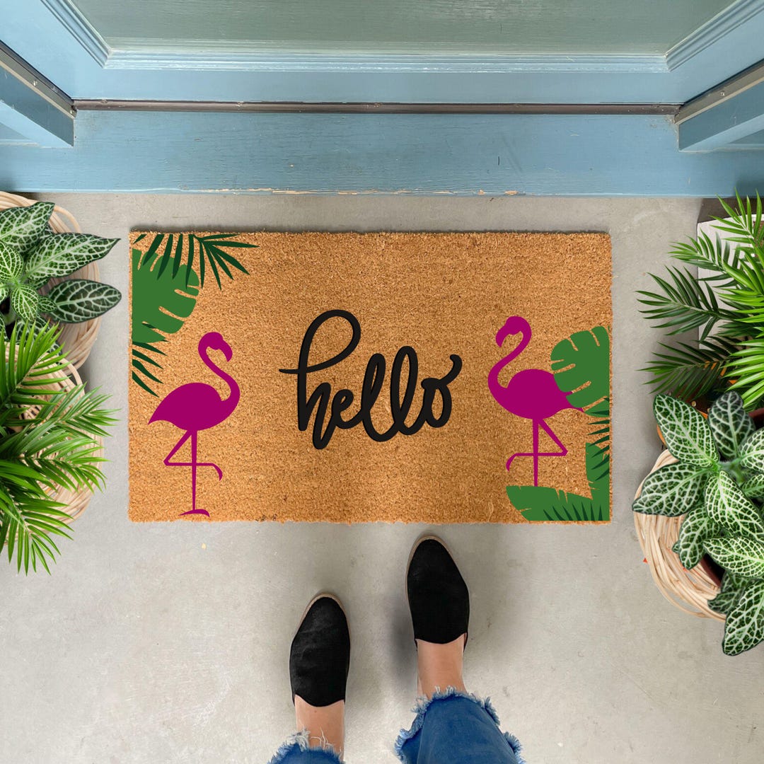 Flamingo Doormat With Palm Leaves, Tropical Hello Welcome Mat, Summer ...