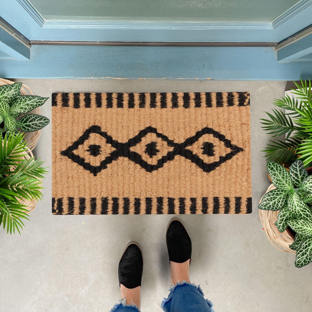 Woven Doormat Coir, Boho Porch Decor, Boho Doormat Black, Knotted ...