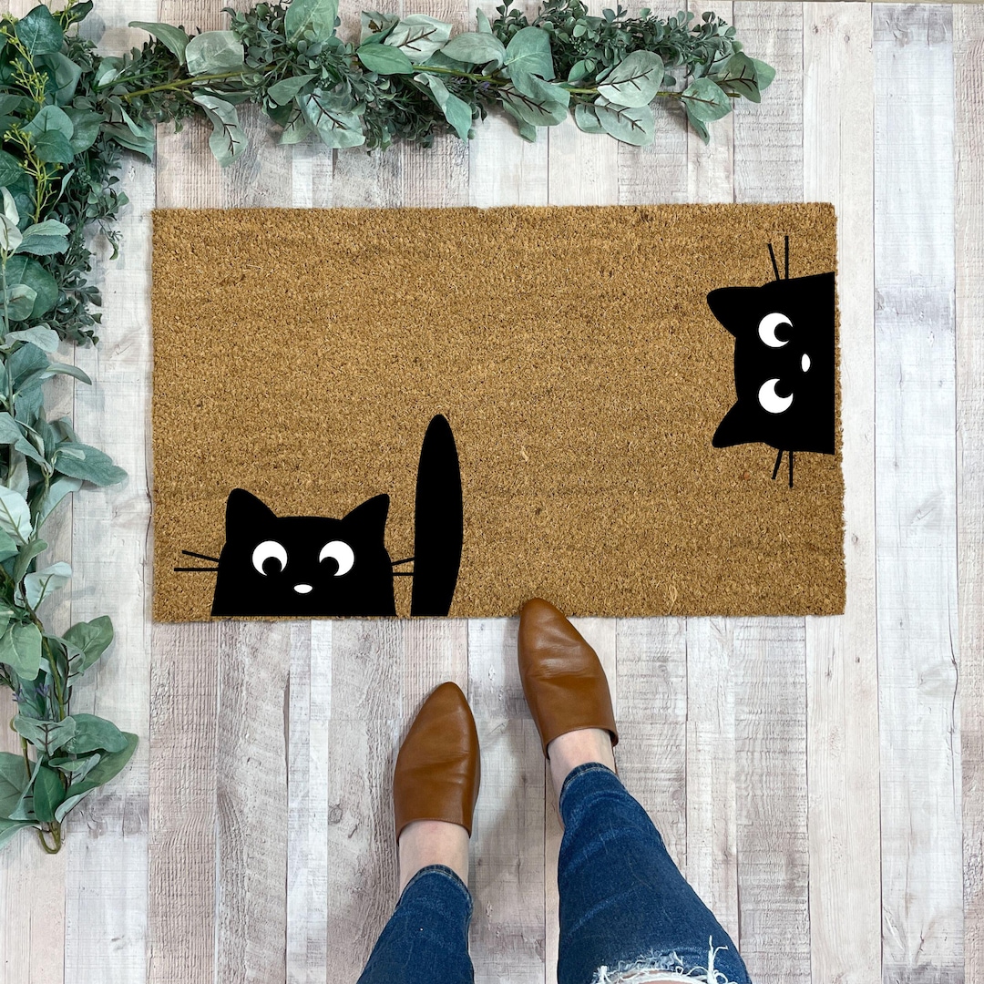 Black Cat Doormat, Cat Welcome Mat, Cat Peeking Decor for Porch, Funny ...