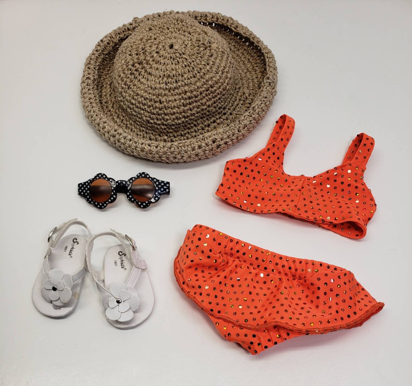 Stylish 2 Piece Doll Swim Suit With Sandals and a Crocheted Doll Hat ...