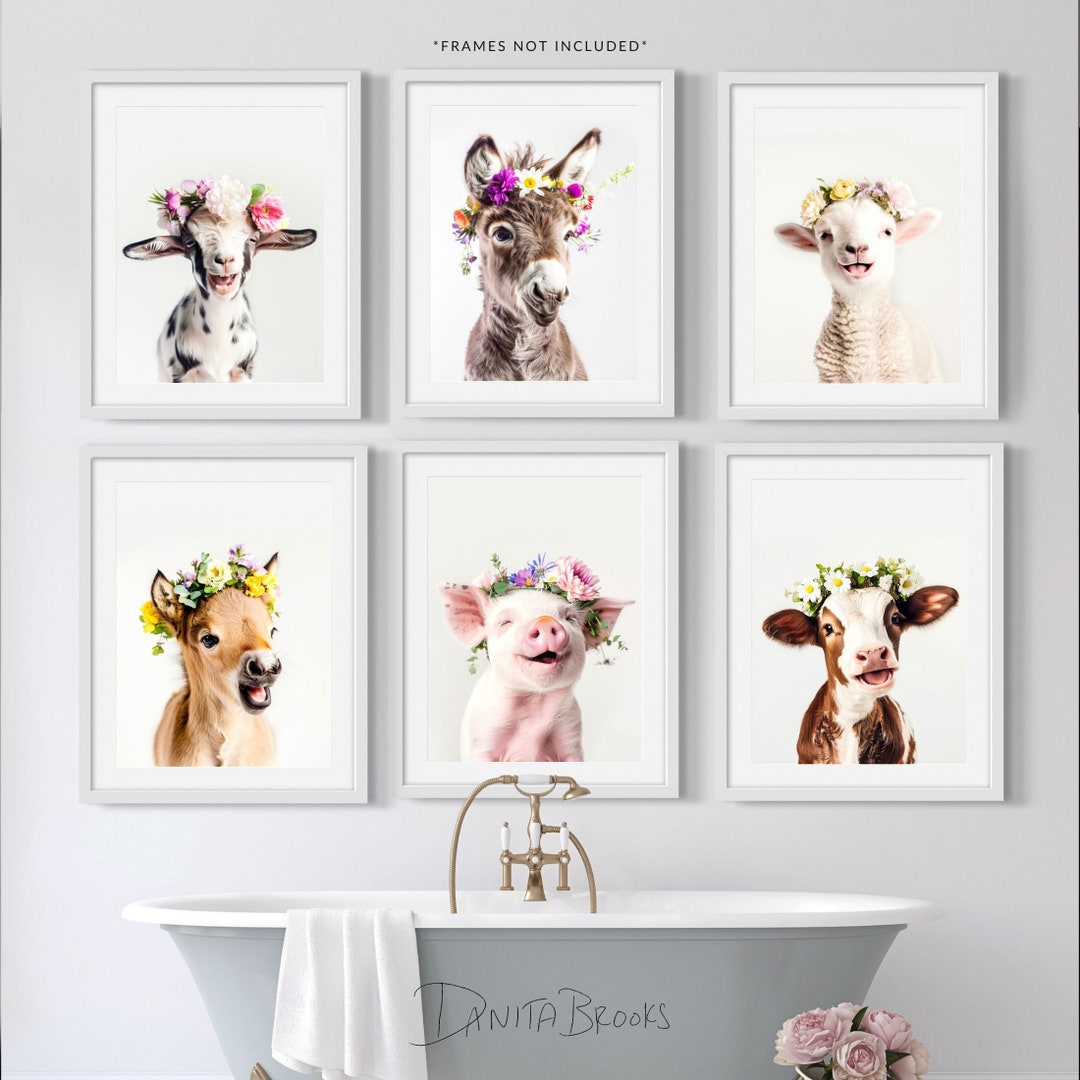 Flower Crown Farm Animal Prints Set of 6, Printed Farm Animal Art Print ...