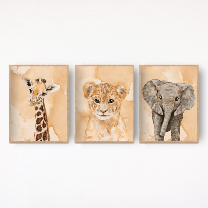 Safari Animals Print Set of 3 Sepia Background Elephant Print Zebra ...