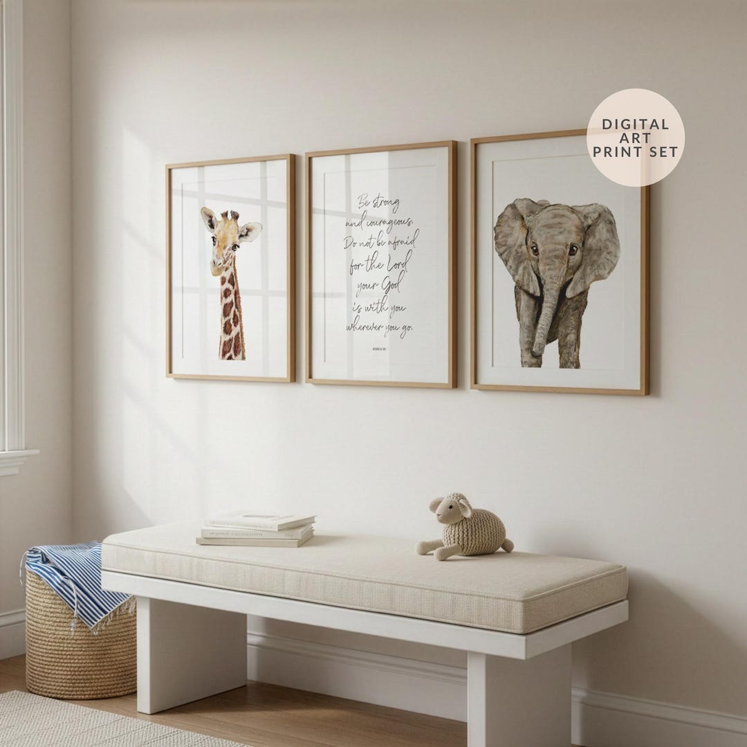 Safari Nursery Art Printable Set, Giraffe Elephant Joshua 1:9 ...