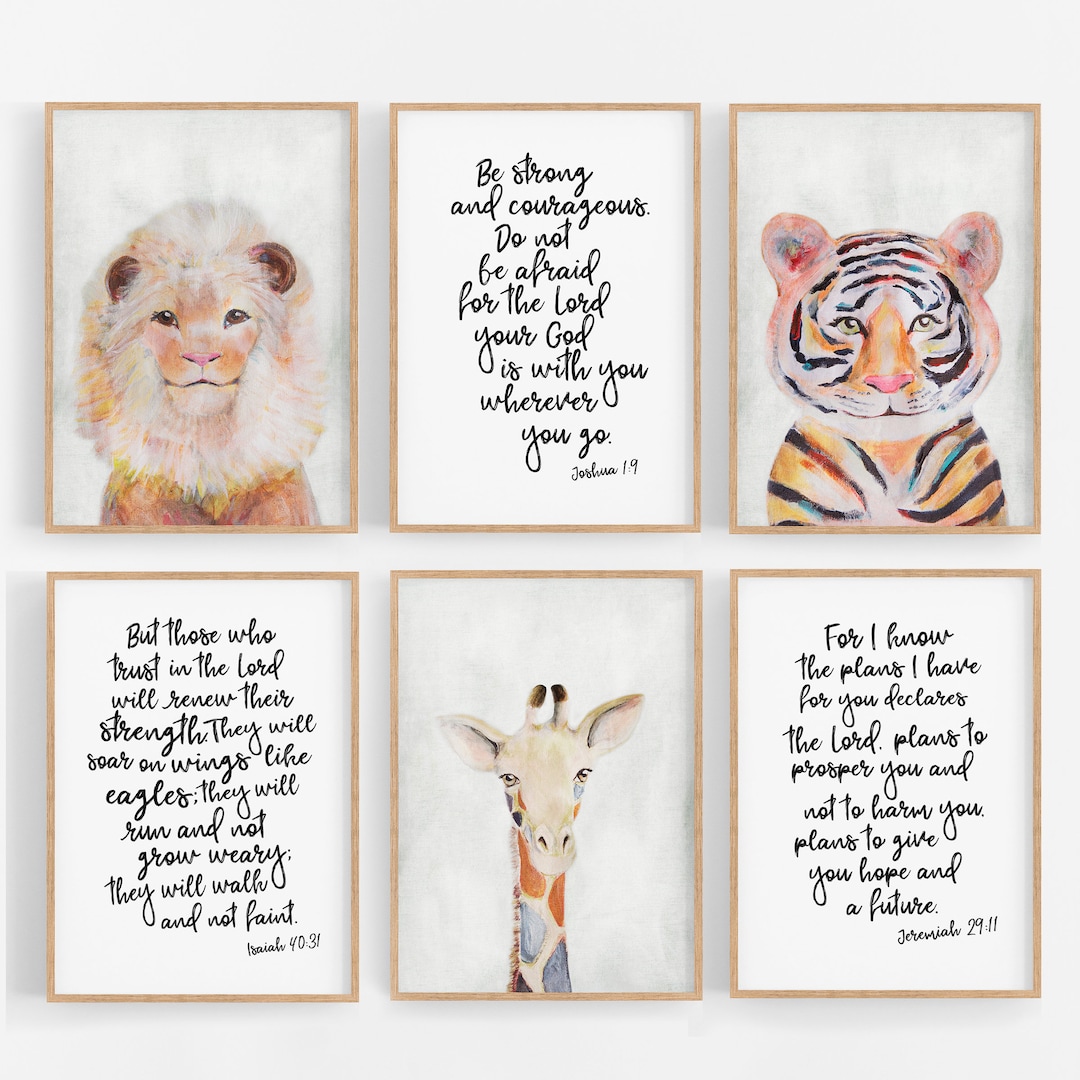 Bible Verse Safari Animal Print Set of Six Printable Nursery Animal Art ...
