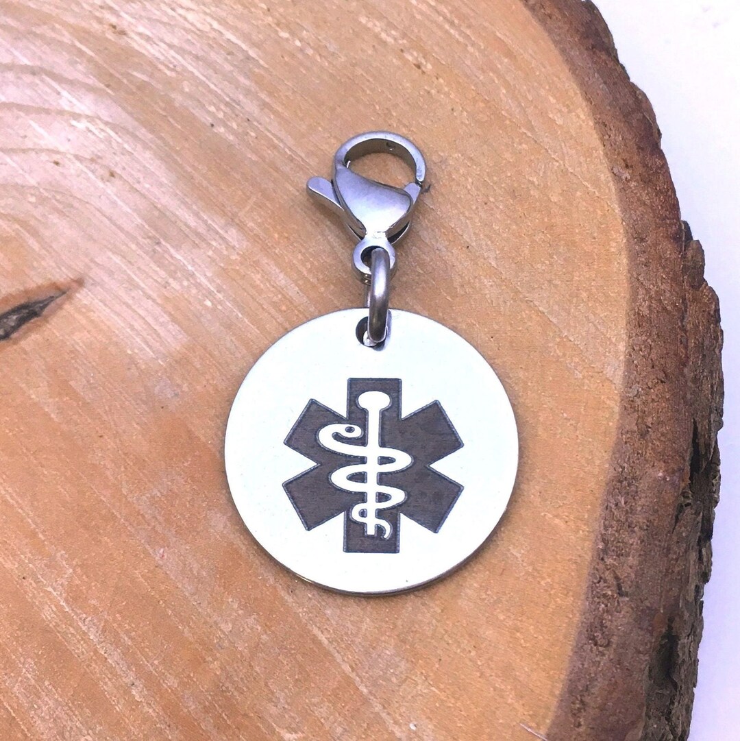 Medical Alert Charm Ladies Stainless Steel Round Clip on Womens Mens ...