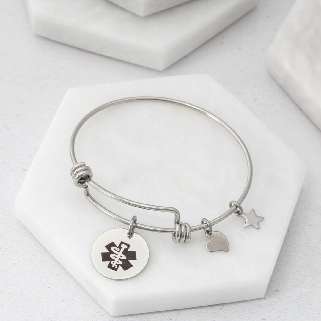 Personalized Medical Alert Bangle Bracelet, Stainless Steel Medic ID ...