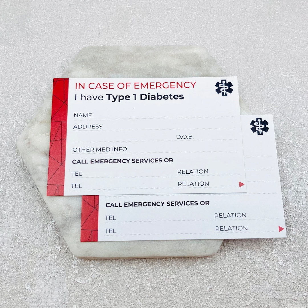 Diabetes Wallet Card Type 1 T1 One Diabetic Custom Emergency Contacts ...