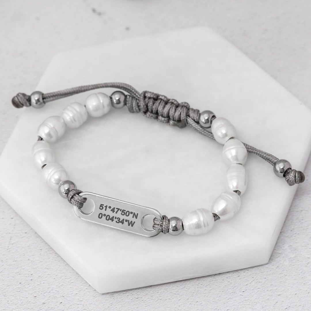 Personalized Pearl GPS Bracelet: Stainless Steel Charm, Custom ...
