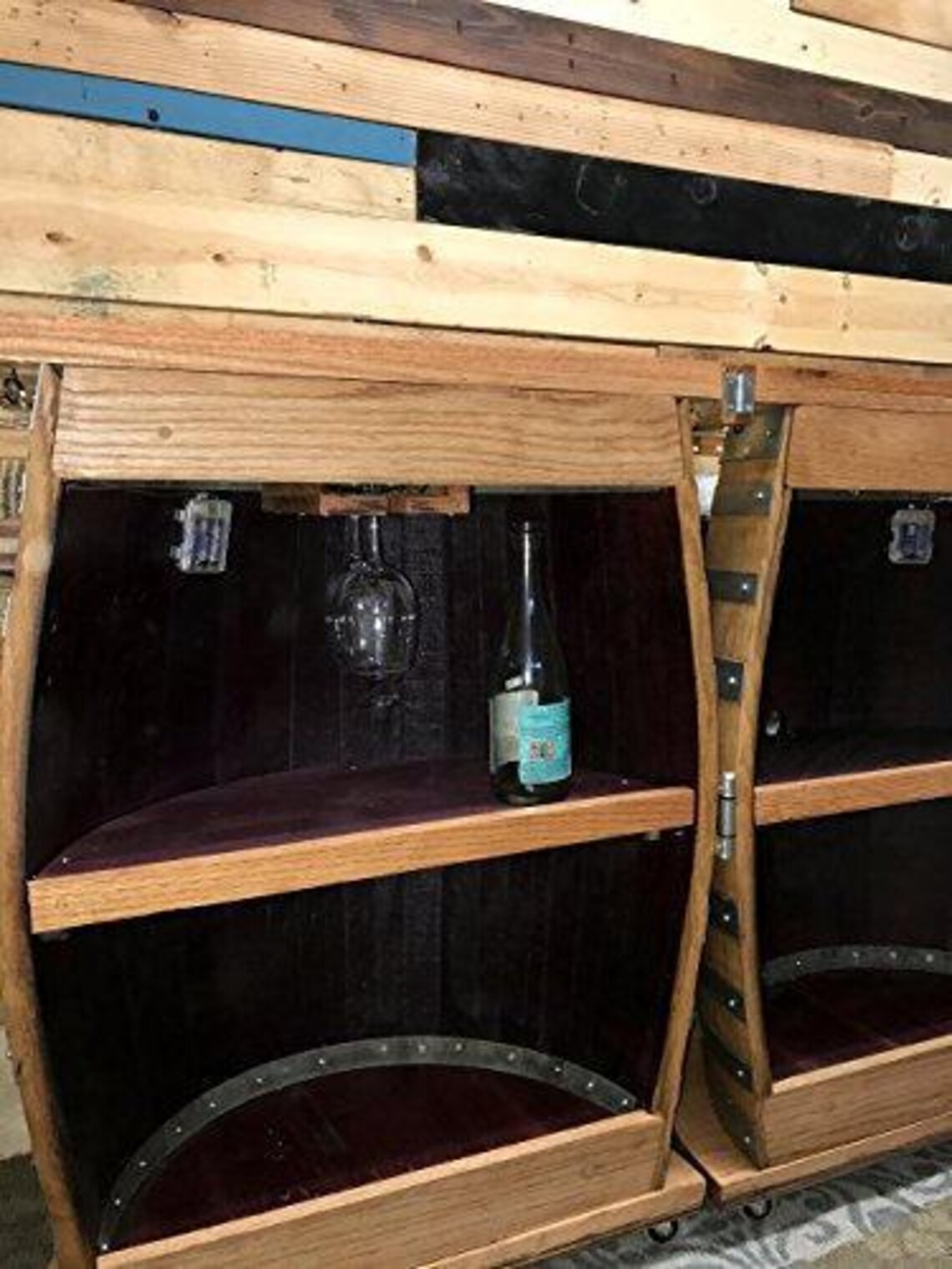 Wine Barrel Table and Mobile Bar With Oak Top, Shelf, Wine Glass Rack ...