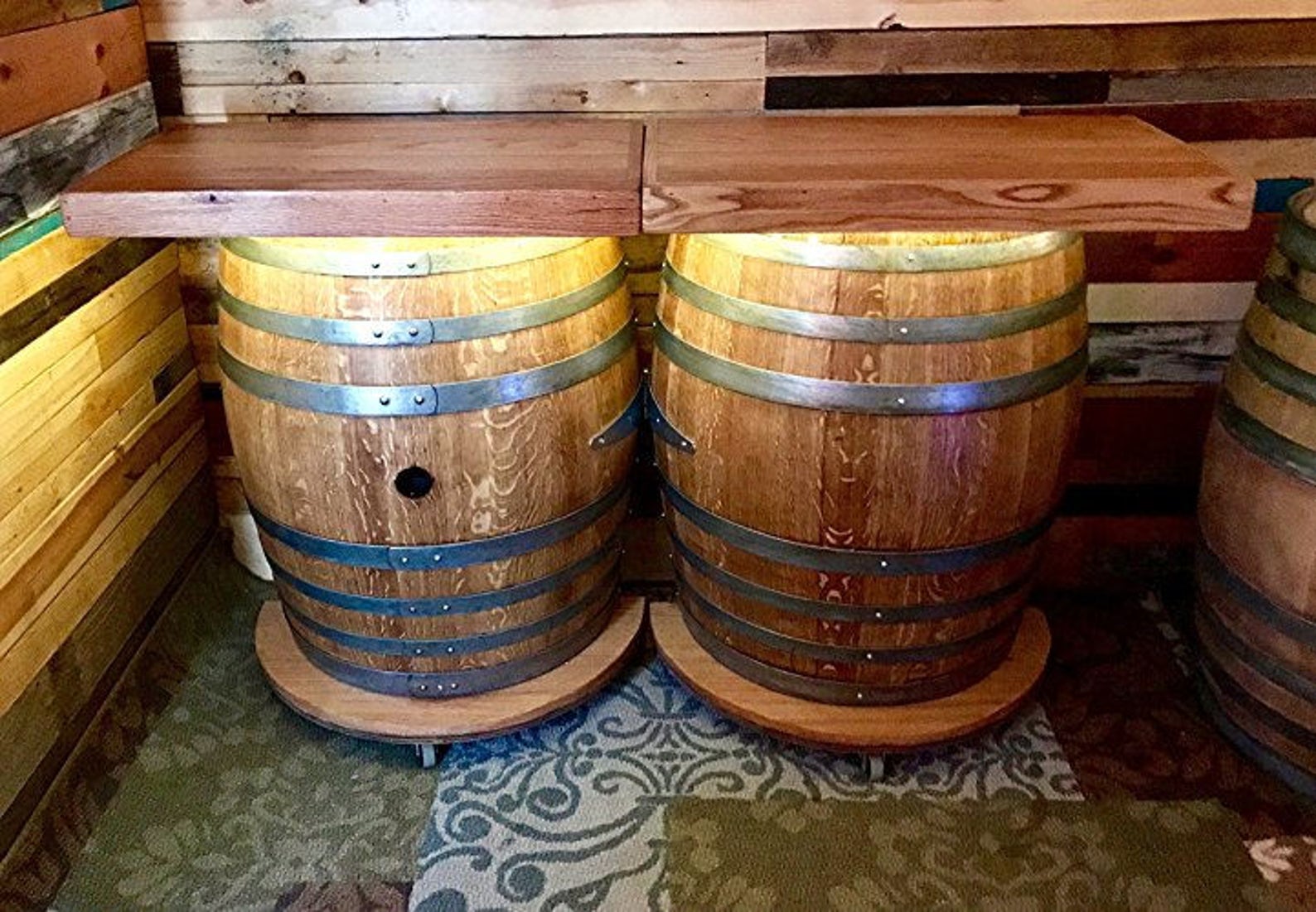 Wine Barrel Table and Mobile Bar With Oak Top, Shelf, Wine Glass Rack ...