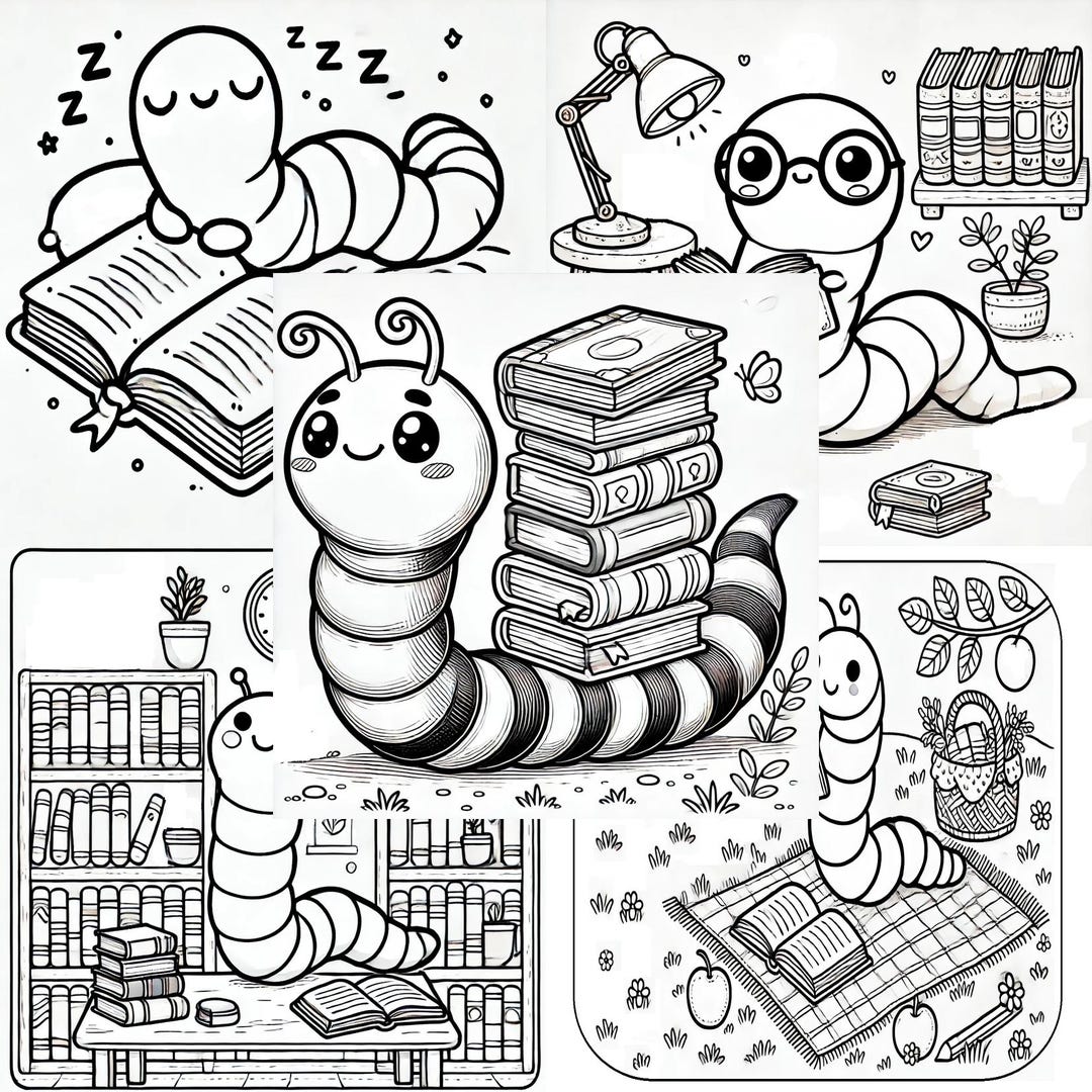 Book Worm Coloring Pages - 5 Book Themed Pages - Worms, Books - Etsy