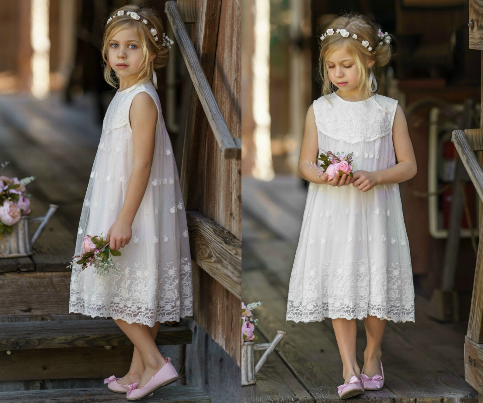 White Flower Girl Dress Girls Lace Dress Rustic Flower Girl Etsy