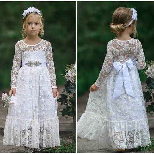 Long Sleeve Flower Girl Dress White Lace Flower Girl Dress Etsy