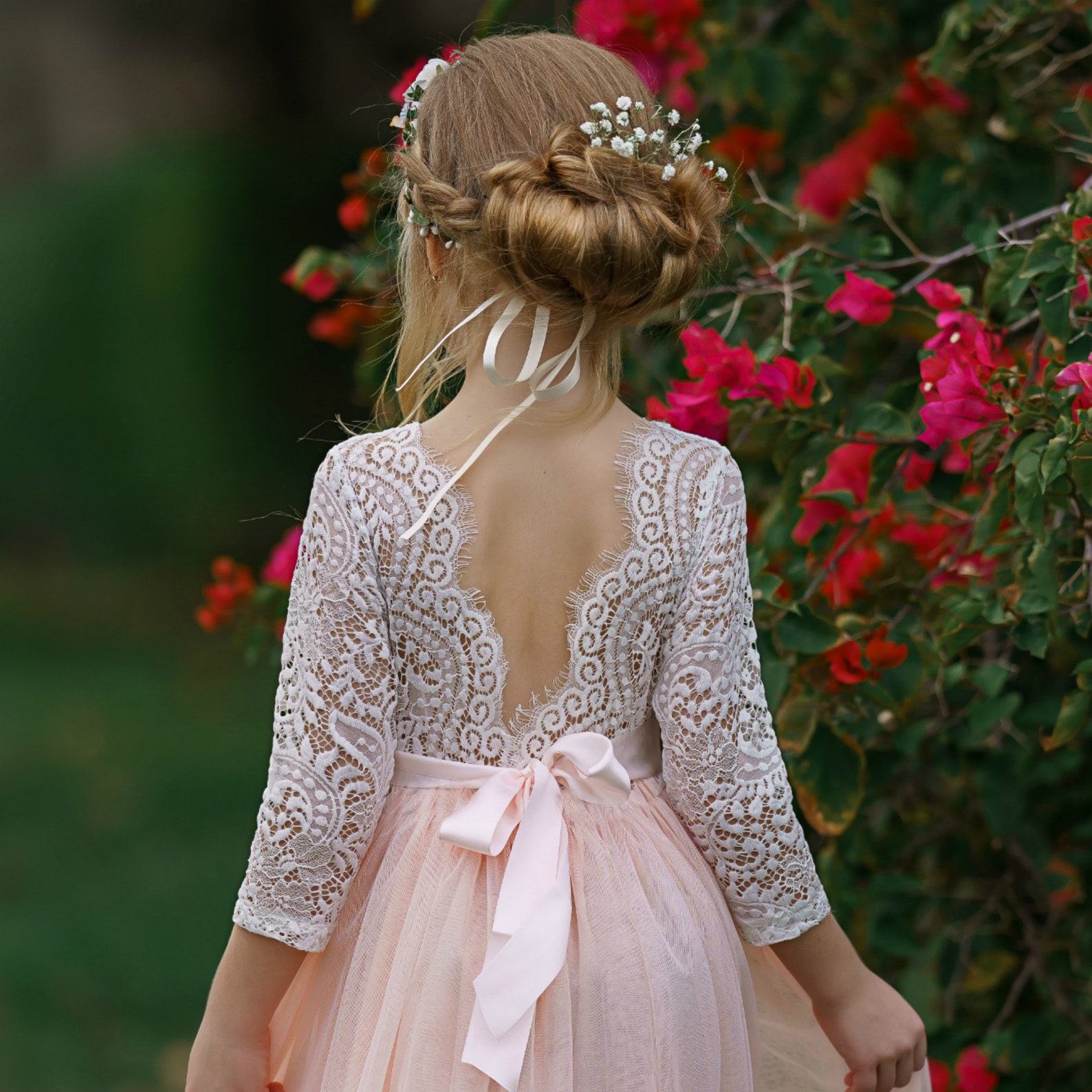Blush Tulle Flower Girl Dress White Lace Flower Girl Dress Etsy Uk