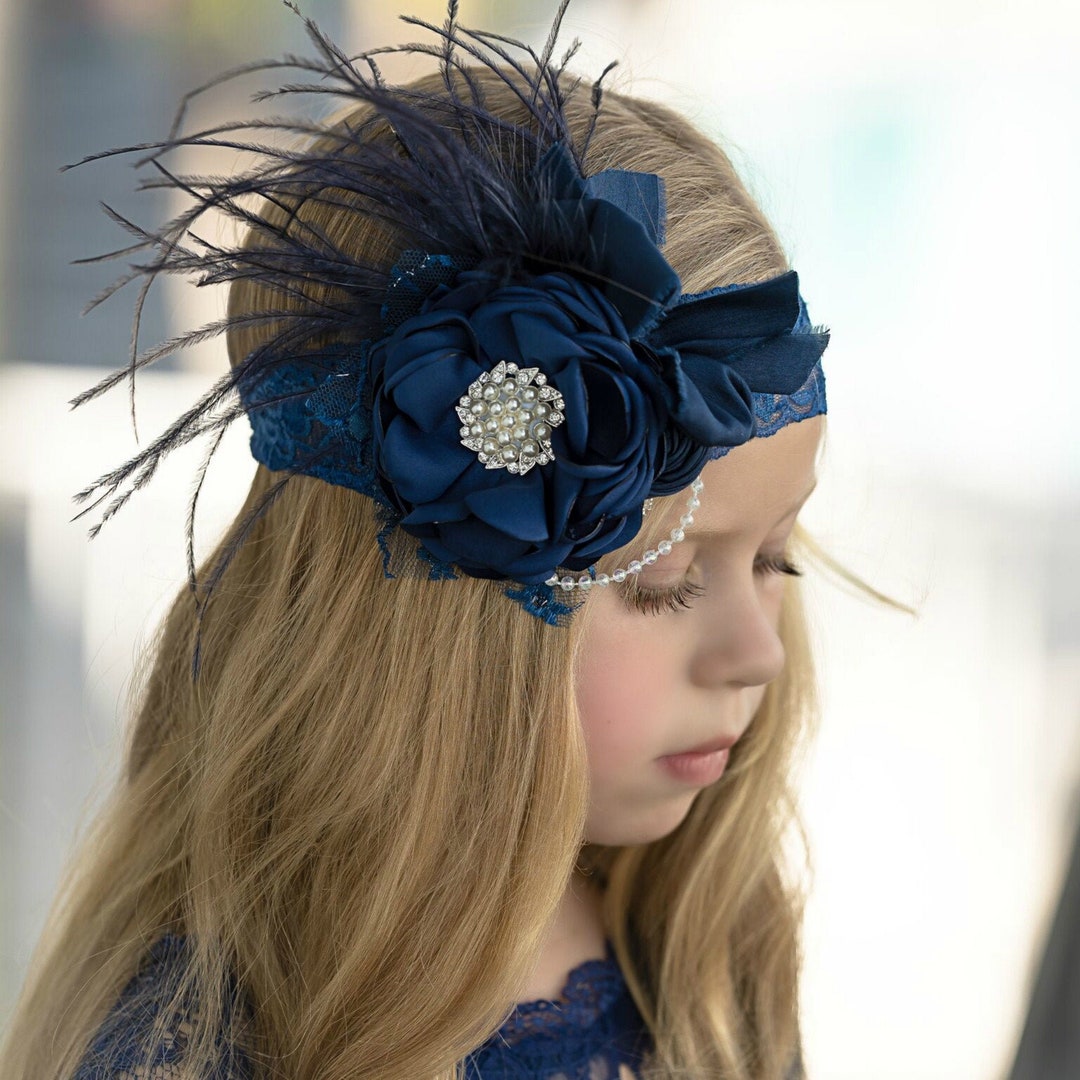 Navy Blue Headband, Flower Feather Headband Girl Headband, Couture ...