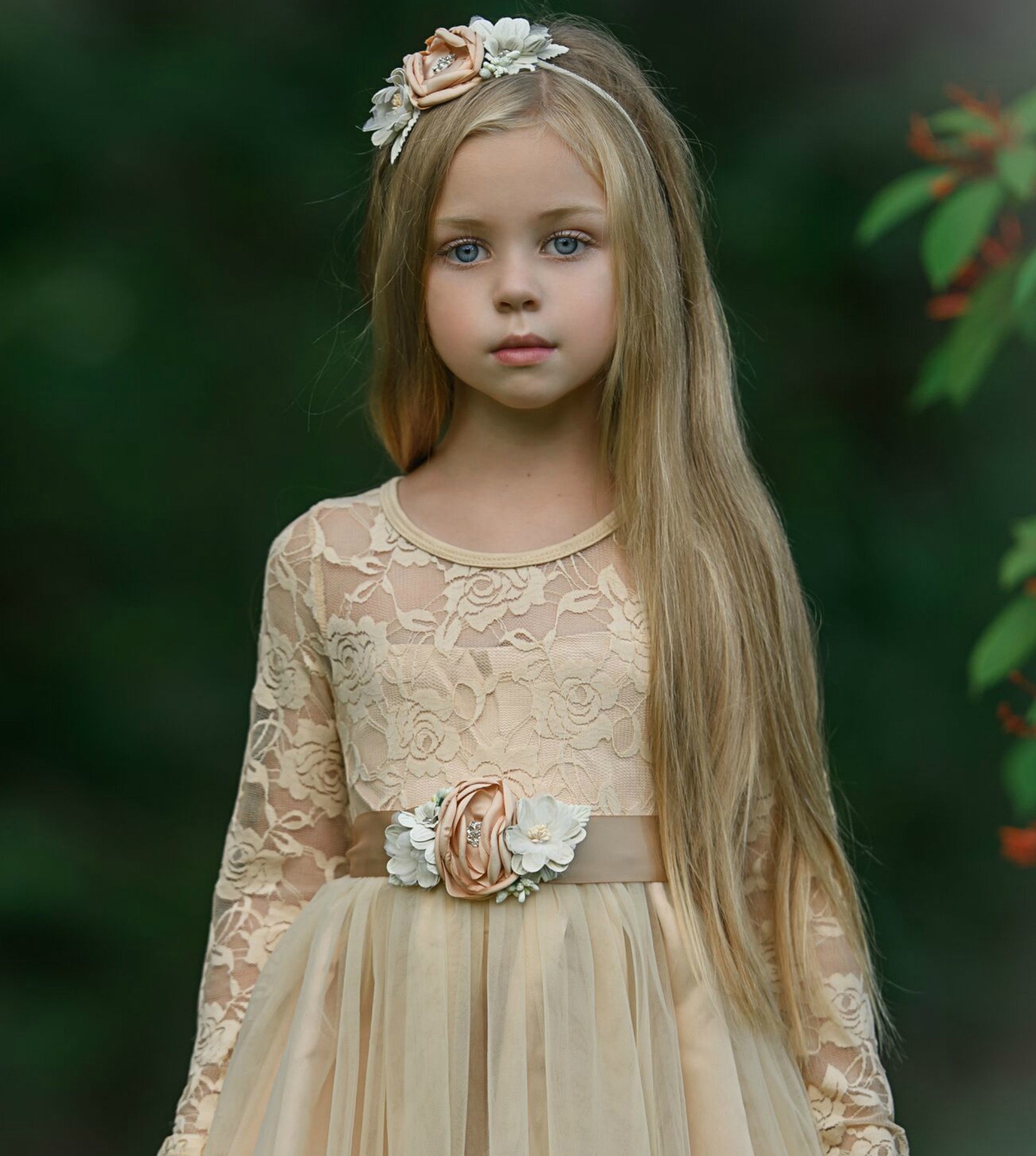 Champagne Flower Girl Dressgirl Lace Dresscountry Rustic Etsy Uk