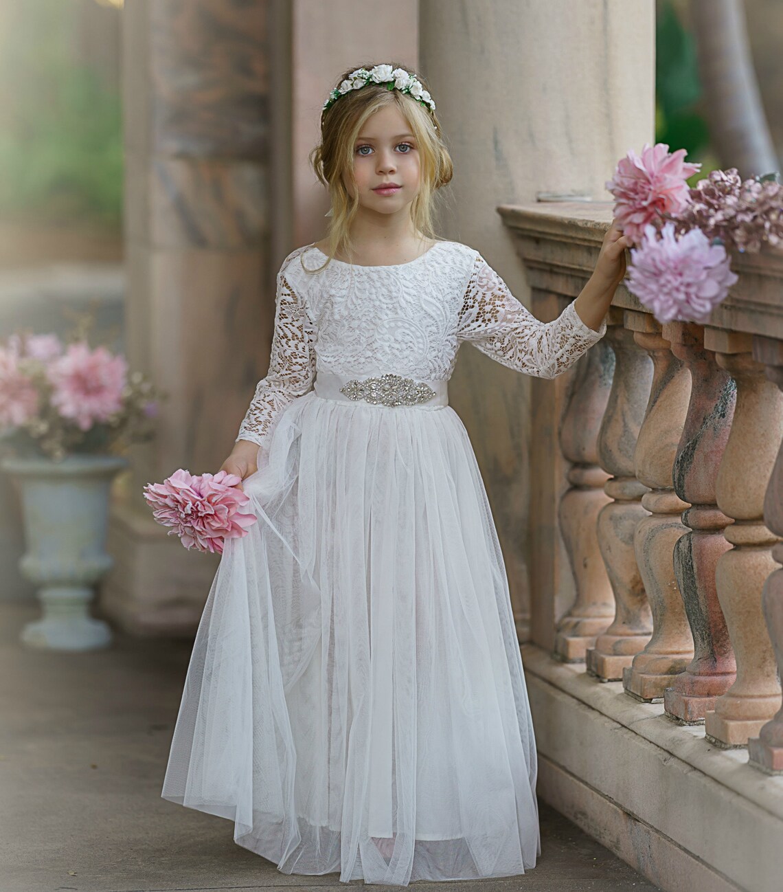 Blush Tulle Flower Girl Dress White Lace Flower Girl Dress Etsy