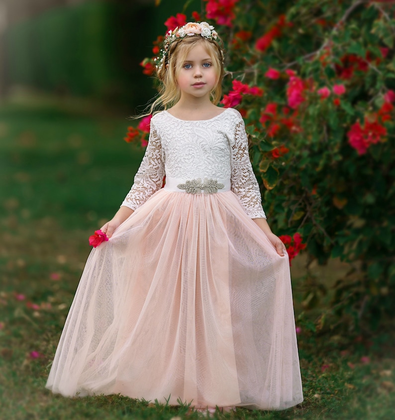 Blush Tulle Flower Girl Dress White Lace Flower Girl Dress Etsy Uk