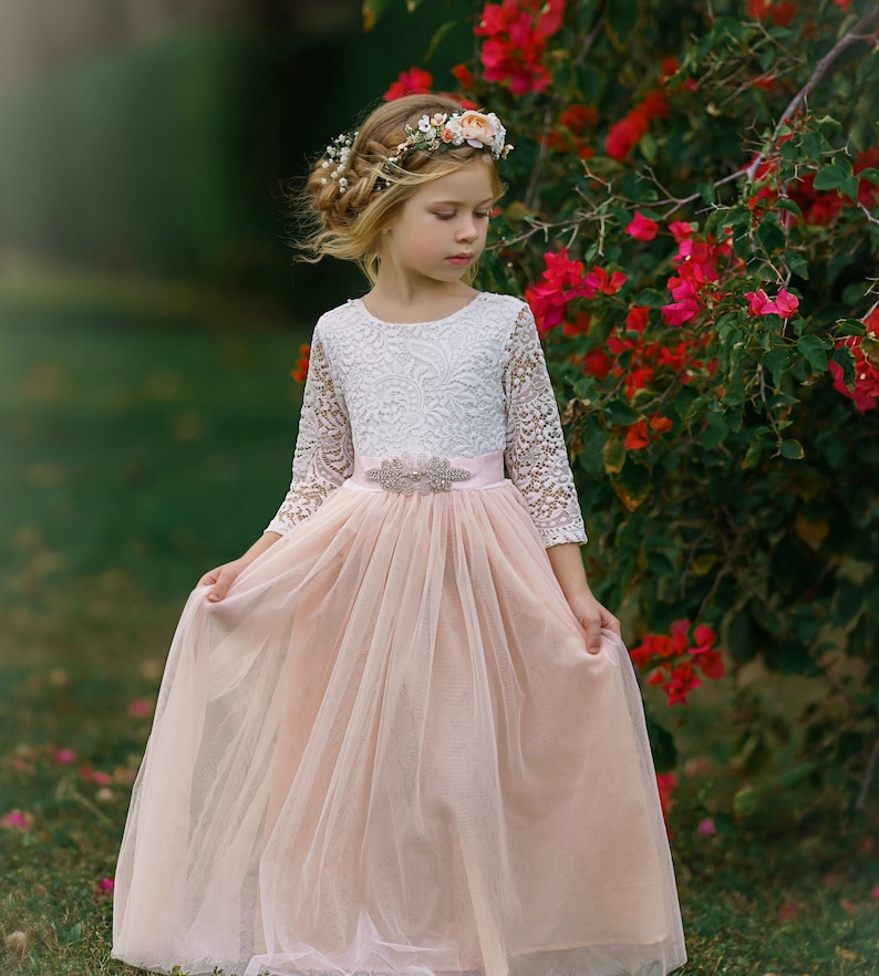 Blush Tulle Flower Girl Dress White Lace Flower Girl Dress Etsy Uk