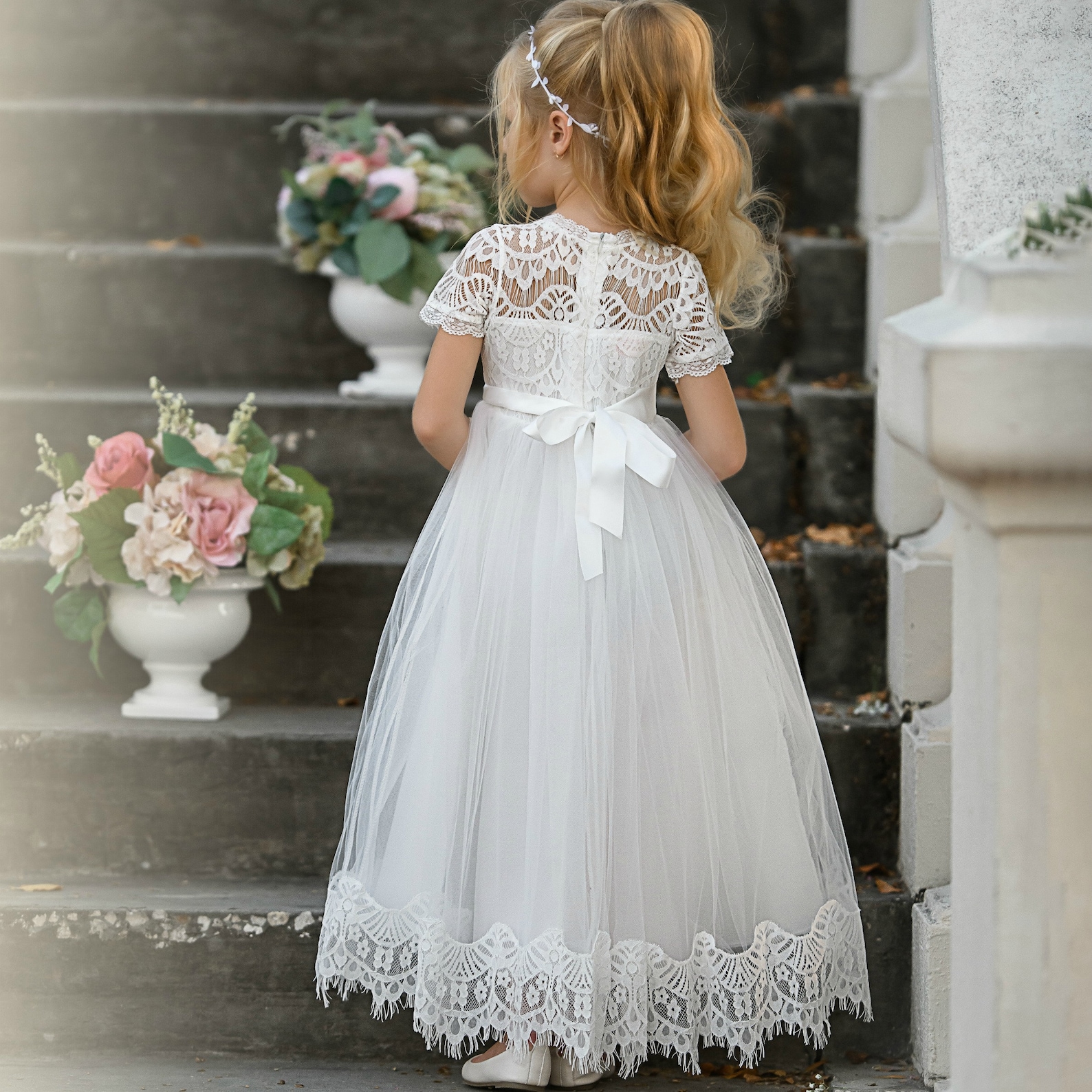 White Lace Flower Girl Dress, Tulle Rustic Flower Girl Dress, Communion ...