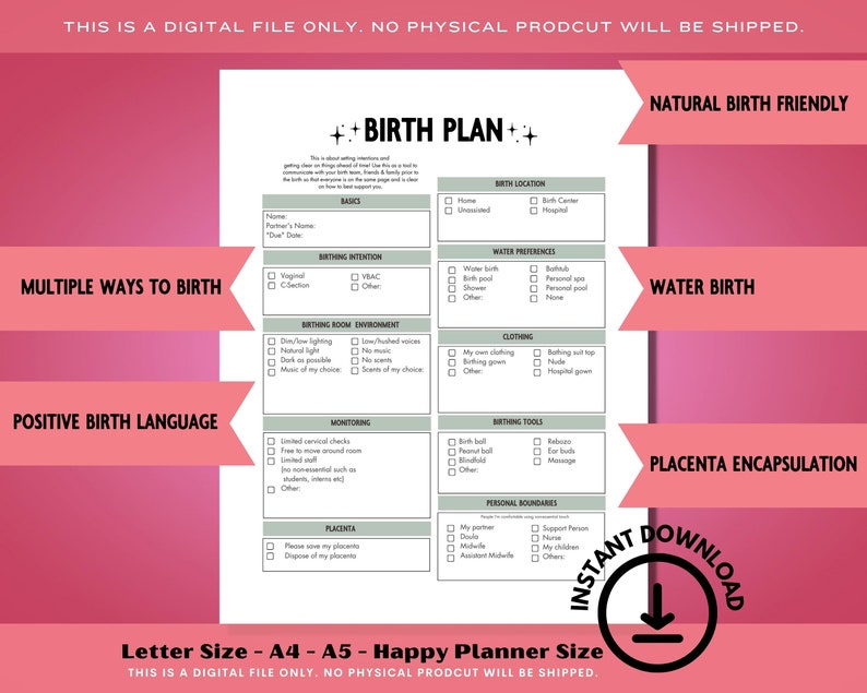 Printable Birth Plan | Comprehensive Birth Plan | | Birth Preferences ...