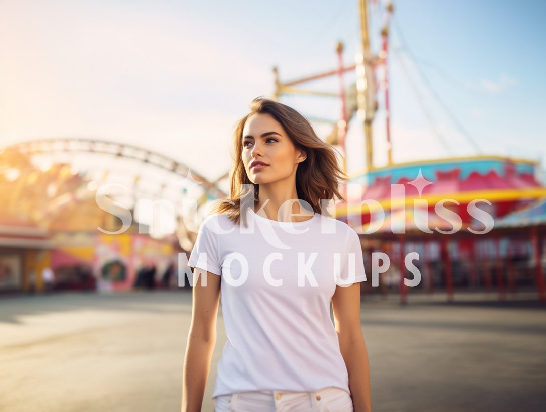 Brunette Female Colorful Retro Mockup | Tshirt Mockup | White Shirt ...