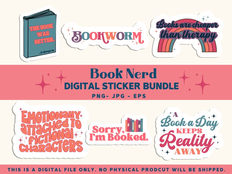 Book Nerd Printable Stickers Bundle | Funny Book Stickers | Print and ...