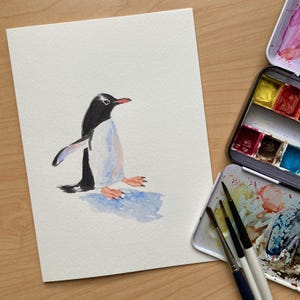 Hand-painted Penguin Card, Original Watercolor Cards, Hand Painted Card ...