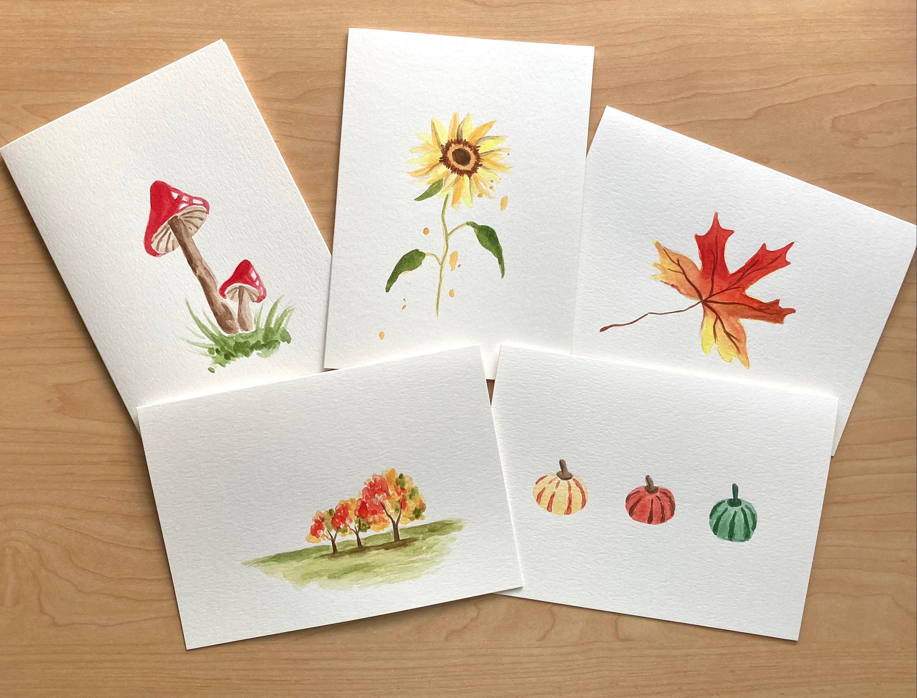Set of 5 fall Collection, Hand Painted Watercolor Card Set, Great Value ...