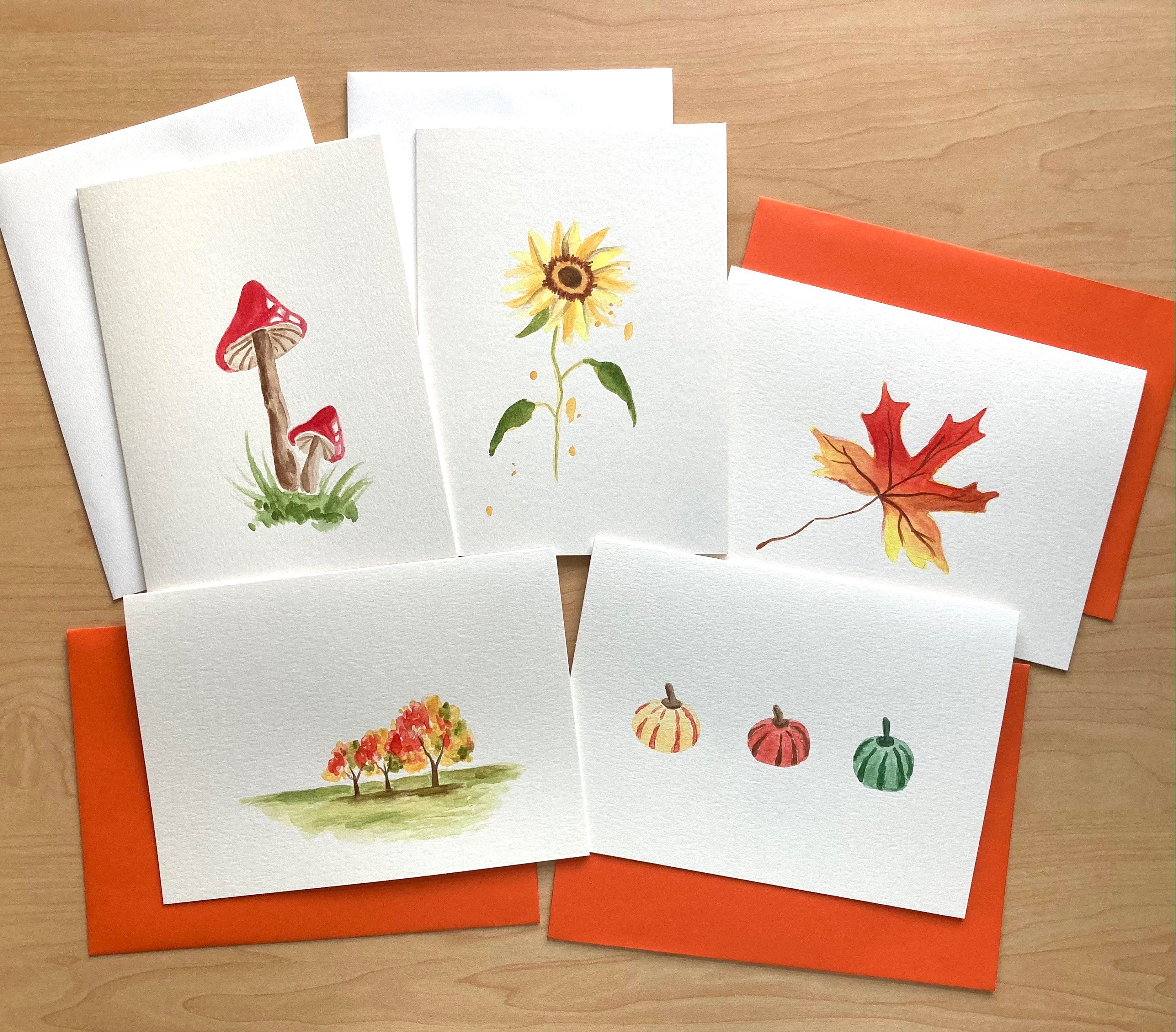 Set of 5 fall Collection, Hand Painted Watercolor Card Set, Great Value ...