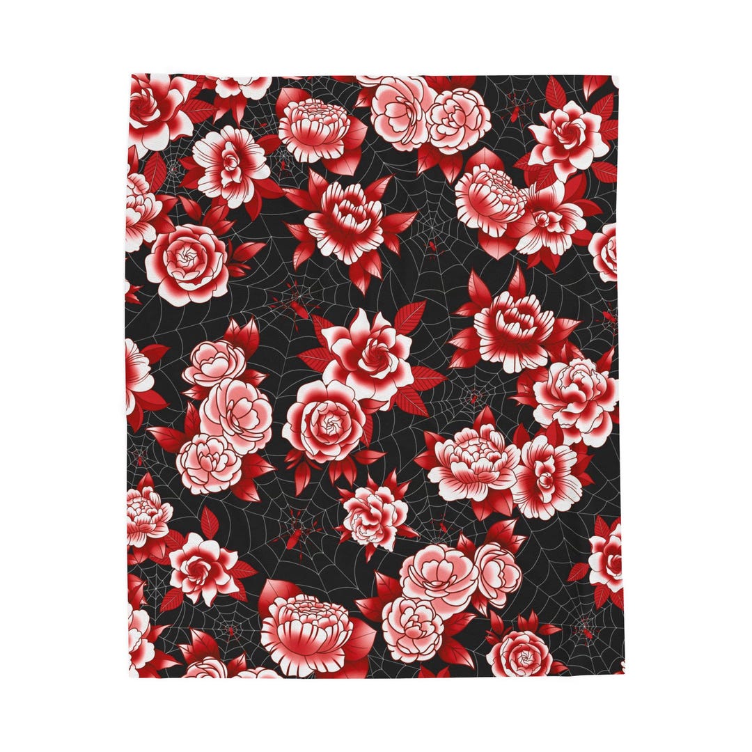 Red Rose Spider Pattern Velveteen Plush Blanket | Gothic Floral Throw ...