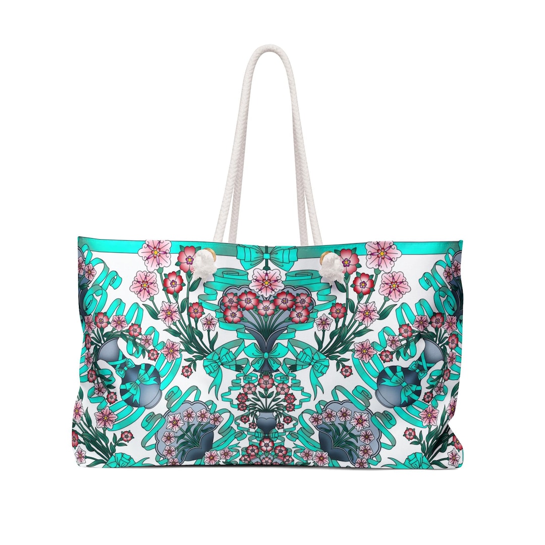 Teal Floral Ribbon Mandala Weekender Bag | Boho Flower Tote - Etsy