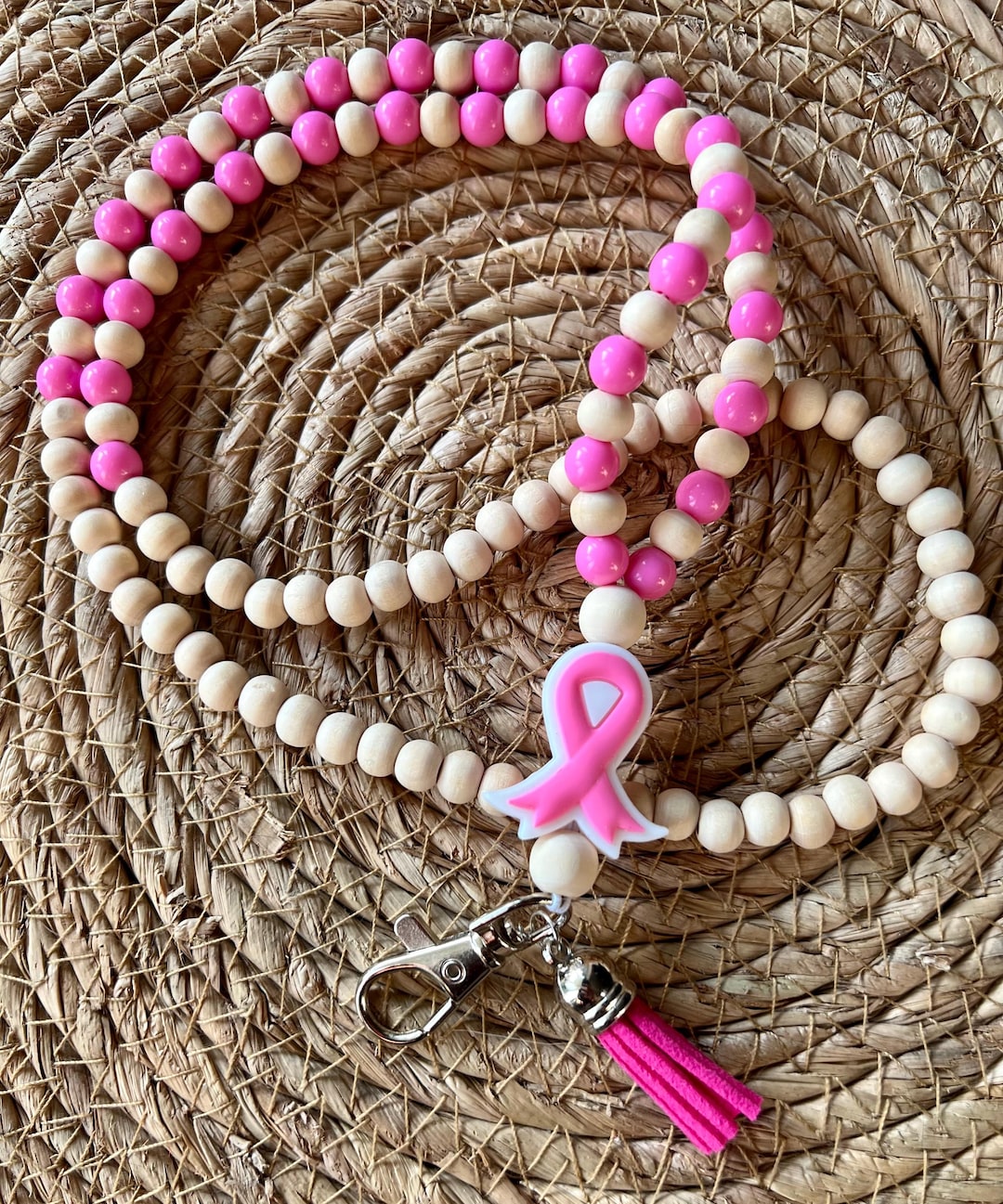 Cancer Ribbon Beaded Lanyard: Pink or White Bead Options - Etsy