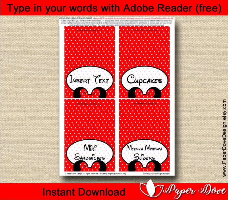 Minnie Mouse Food Labels | Minnie Food Tents | Place Cards | Placement ...