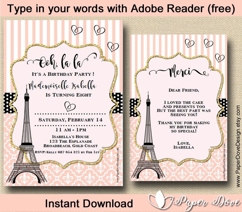 Paris Invitation 5x7 Paris Party Free Thank You Card - Etsy