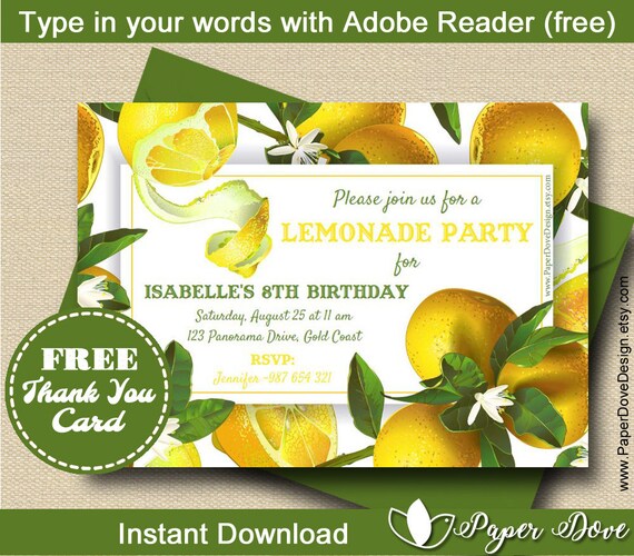 Lemonade Invitation 5x7 Lemonade Party Free Thank | Etsy