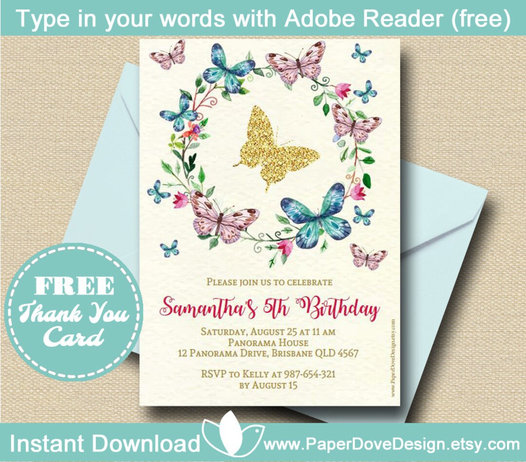 Butterfly Invitation 5x7" | Free Thank You Card -you EDIT With Adobe ...