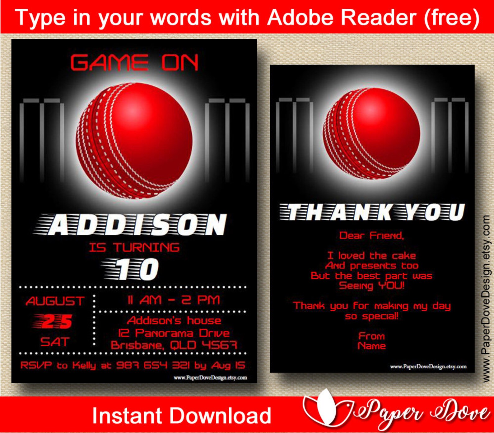 Cricket Invitation 5x7" | Free Thank You Card -you EDIT With Adobe ...