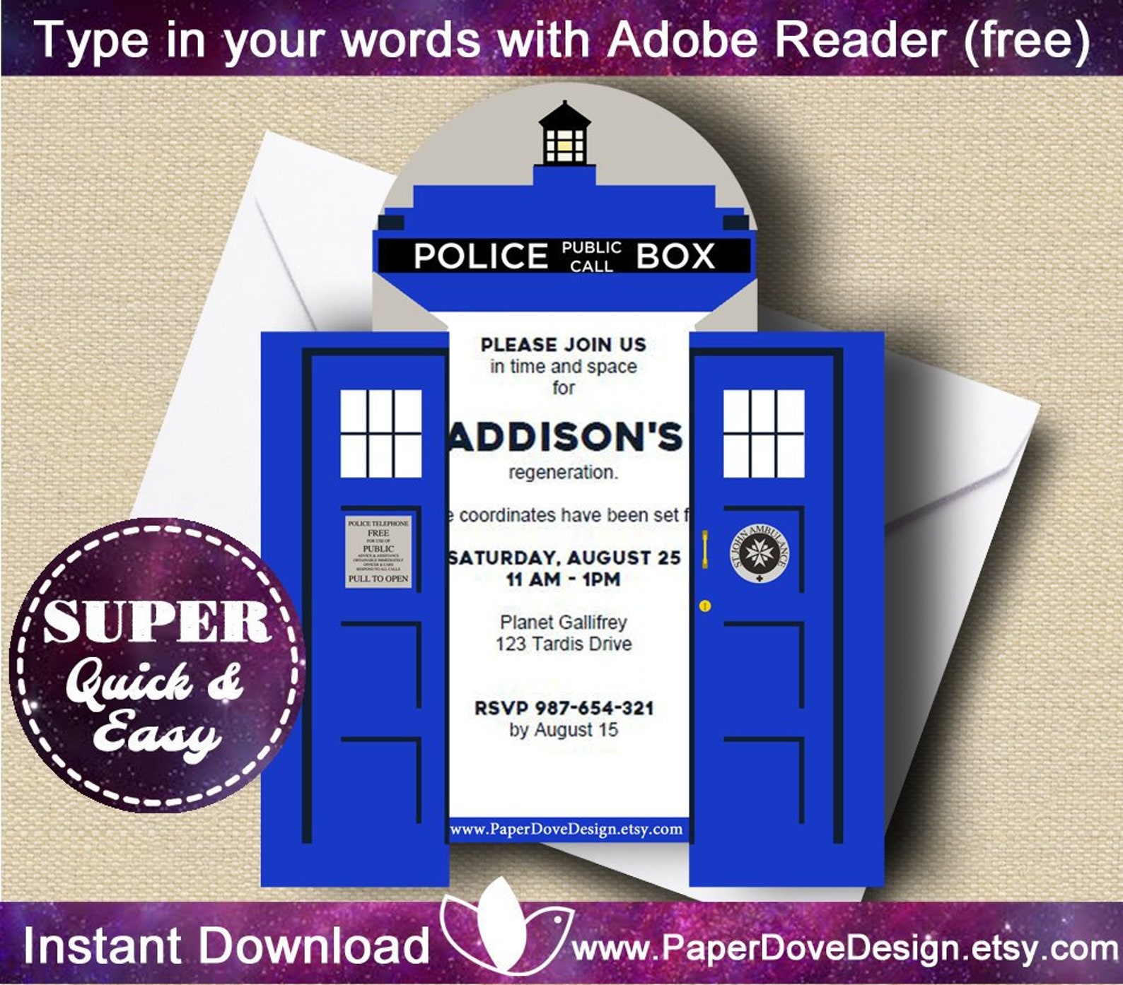 Dr Who Invitation 5x7" | Dr Who Party -you EDIT With Adobe Reader ...