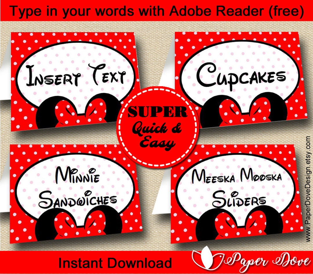 Minnie Mouse Food Labels | Minnie Food Tents | Place Cards | Placement ...