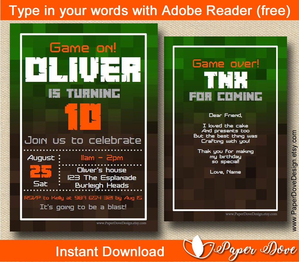 Video Game Invitation 5x7 Free Thank You Card You EDIT With Adobe ...