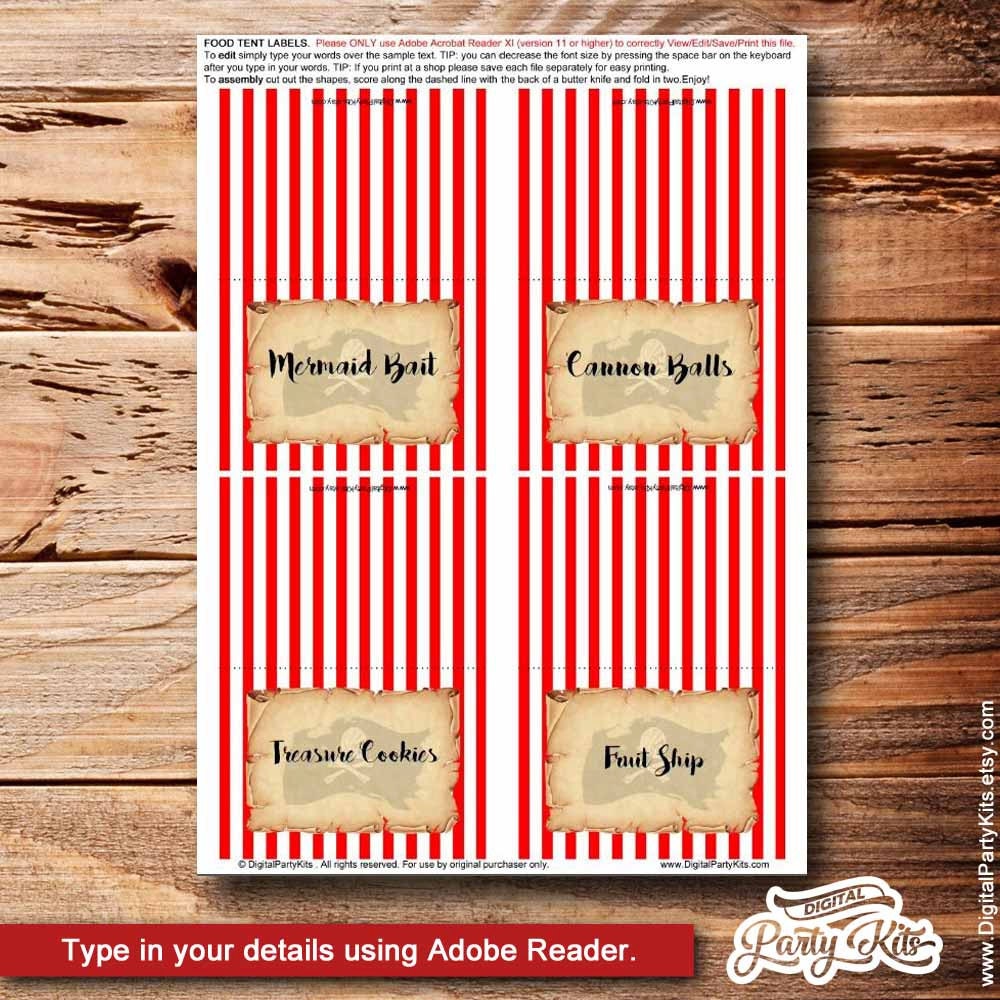 Pirate Party Food Labels / Placement Cards - EDITABLE & PRINTABLE ...