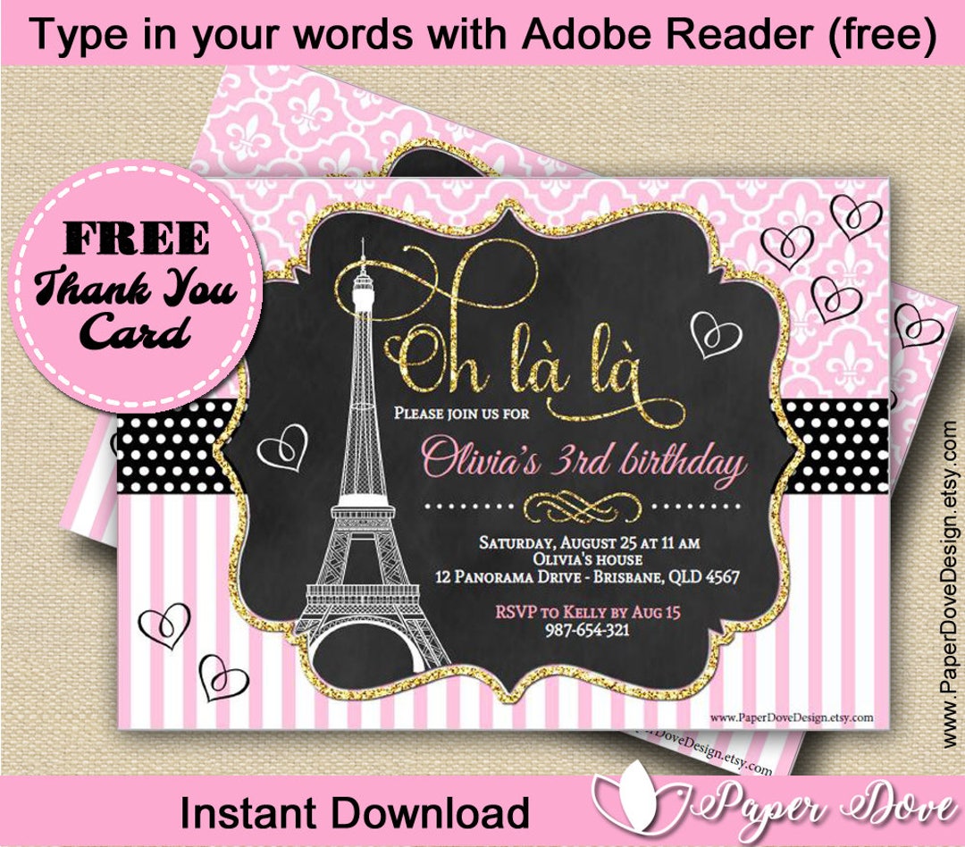 Paris Invitation 5x7" | Paris Party | Free Thank You Card -you EDIT ...