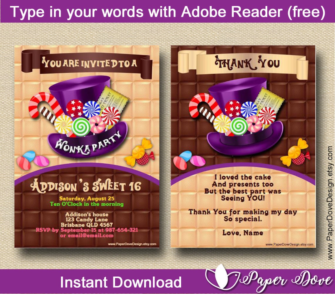 Inspired Willy Wonka Invitation 5x7" | Wonka Party | Chocolate -you ...