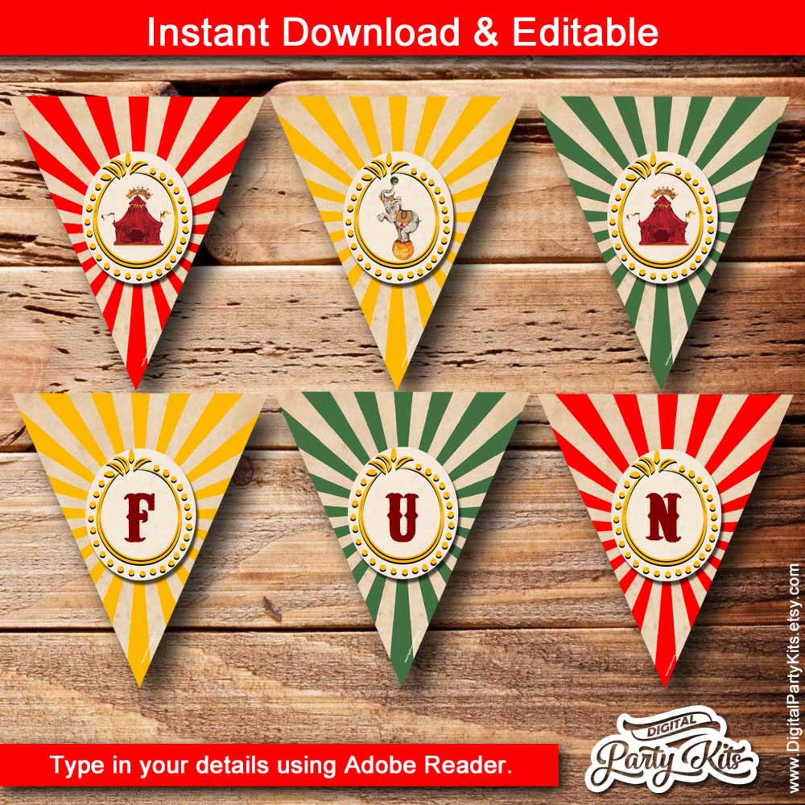 Vintage Circus Pennant Banner / Carnival Pennant Banner - EDITABLE ...