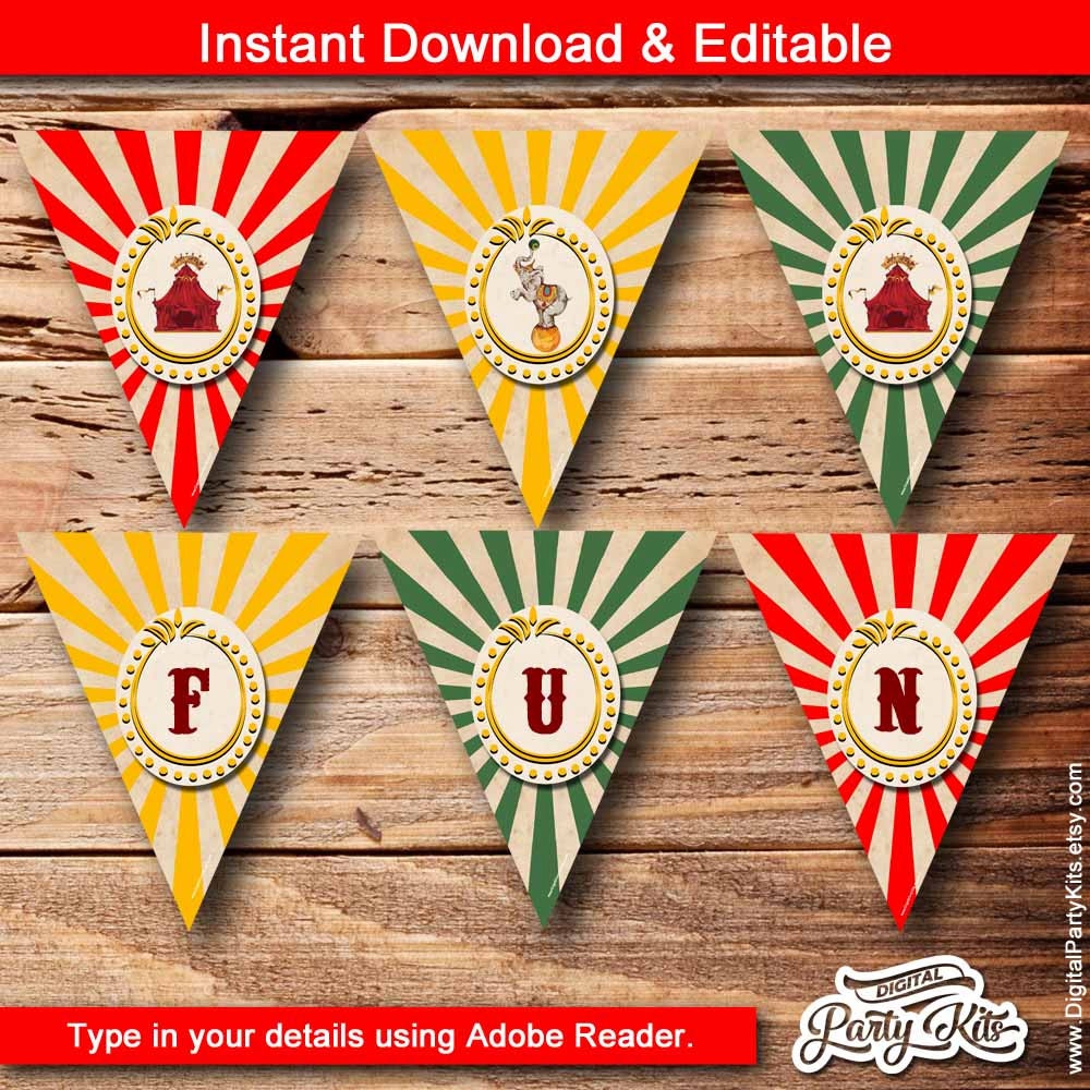 Vintage Circus Pennant Banner / Carnival Pennant Banner - EDITABLE ...