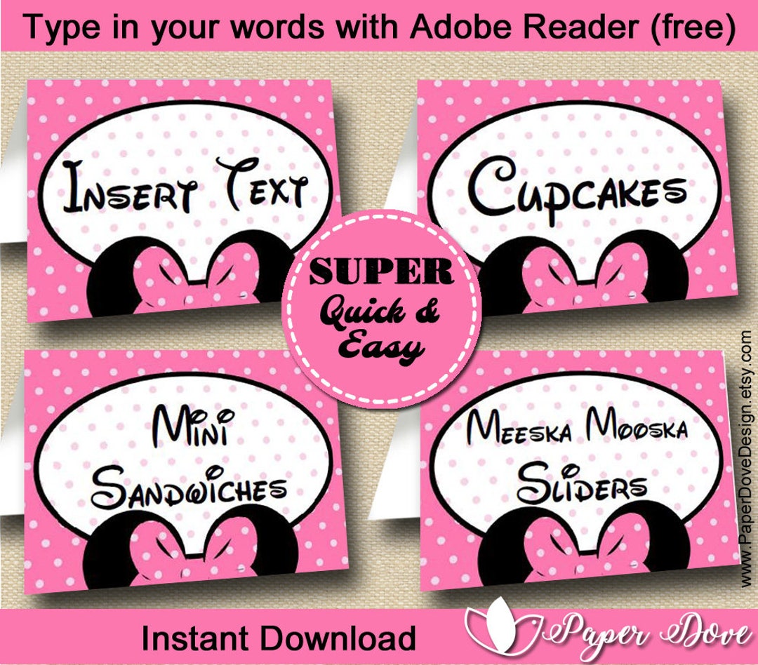 Minnie Mouse Food Labels | Minnie Food Tents | Place Cards -you EDIT ...