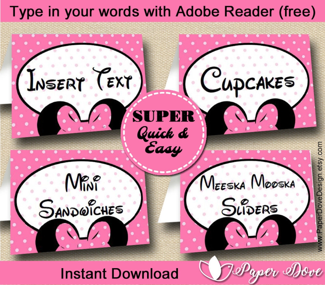 Minnie Mouse Food Labels | Minnie Food Tents | Place Cards -you EDIT ...