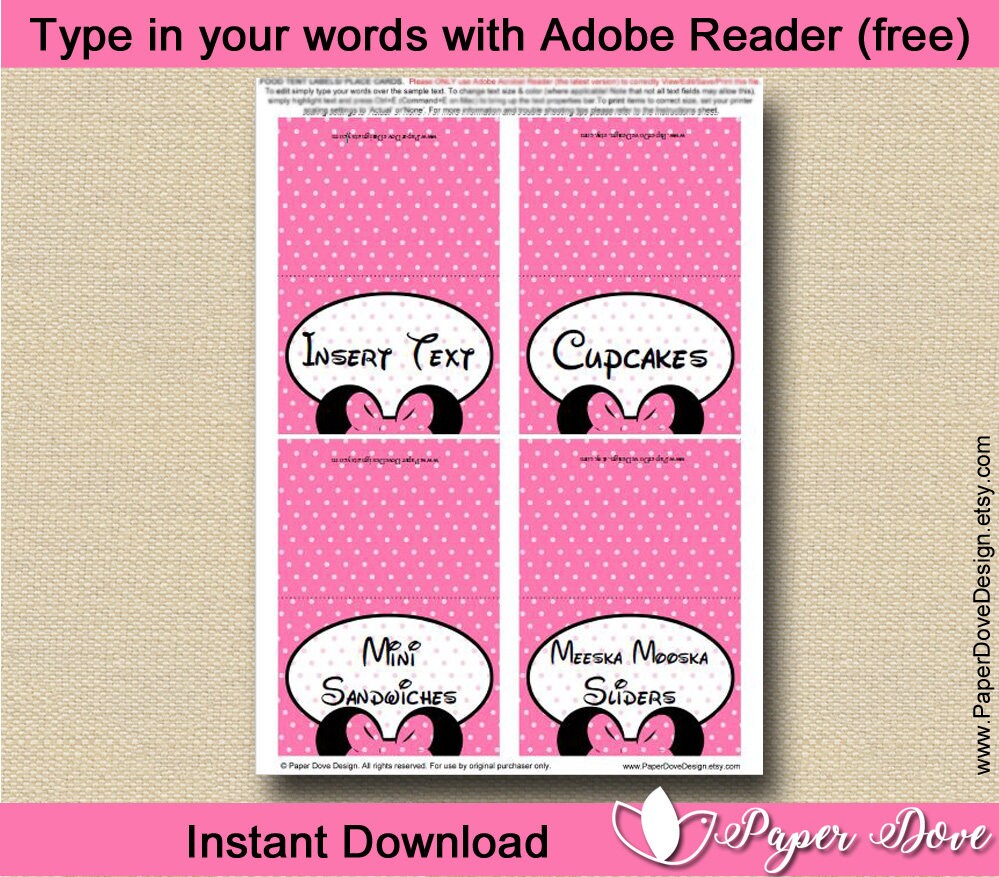 Minnie Mouse Food Labels | Minnie Food Tents | Place Cards -you EDIT ...